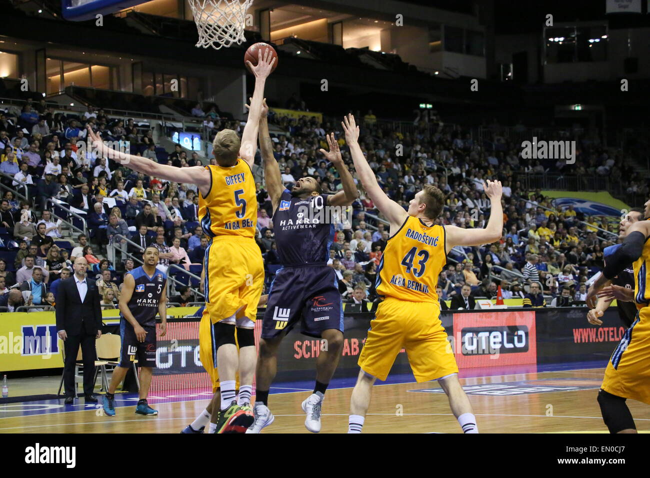 Berlin, Germany. 24th Apr, 2015. Niels Giffey (5), Leon Radosevic (43 ...
