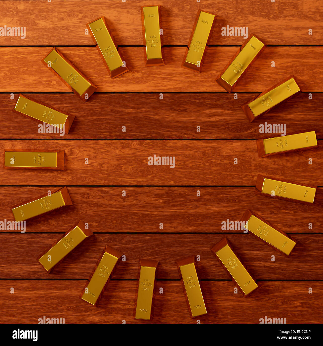 rendered gold bars in circle shape on the planks view from above Stock ...