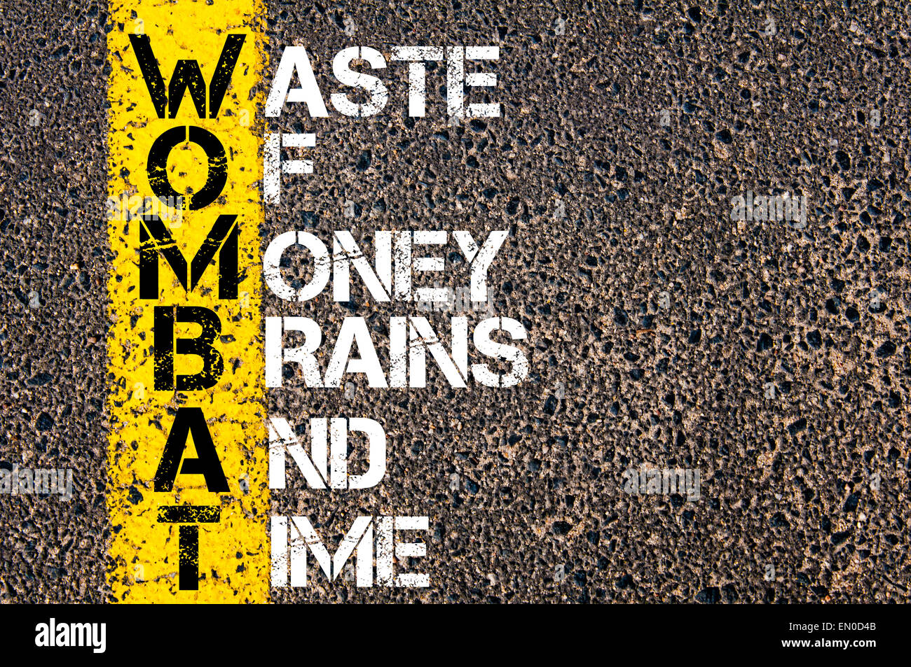 Business Acronym WOMBAT as WASTE OF MONEY, BRAINS AND TIME. Yellow ...