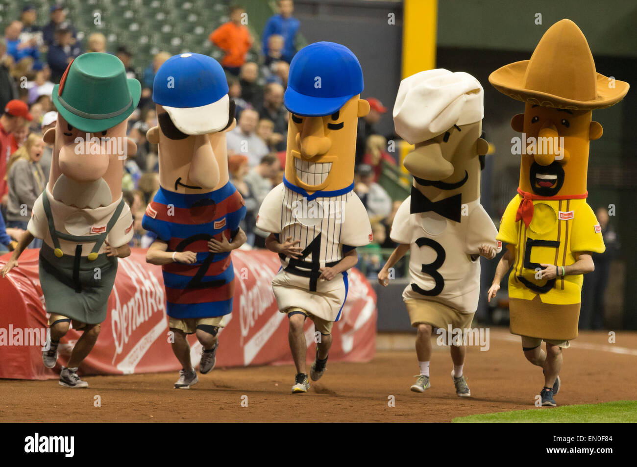 Milwaukee, WI, USA. 24th Apr, 2015. The racing sausages entertain the ...