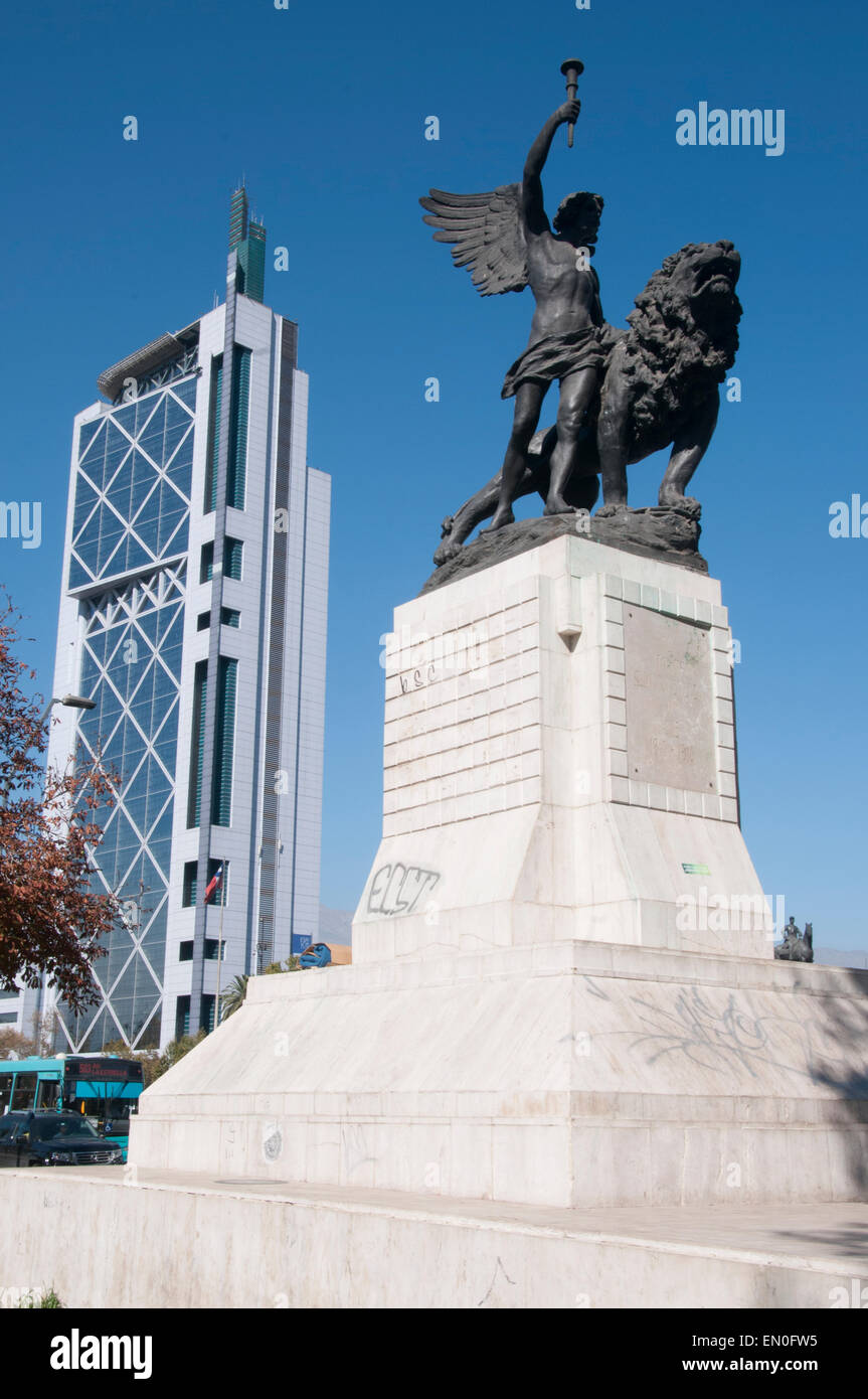 Telefonica Chile building behind the Italian heroes' monument, Santiago ...