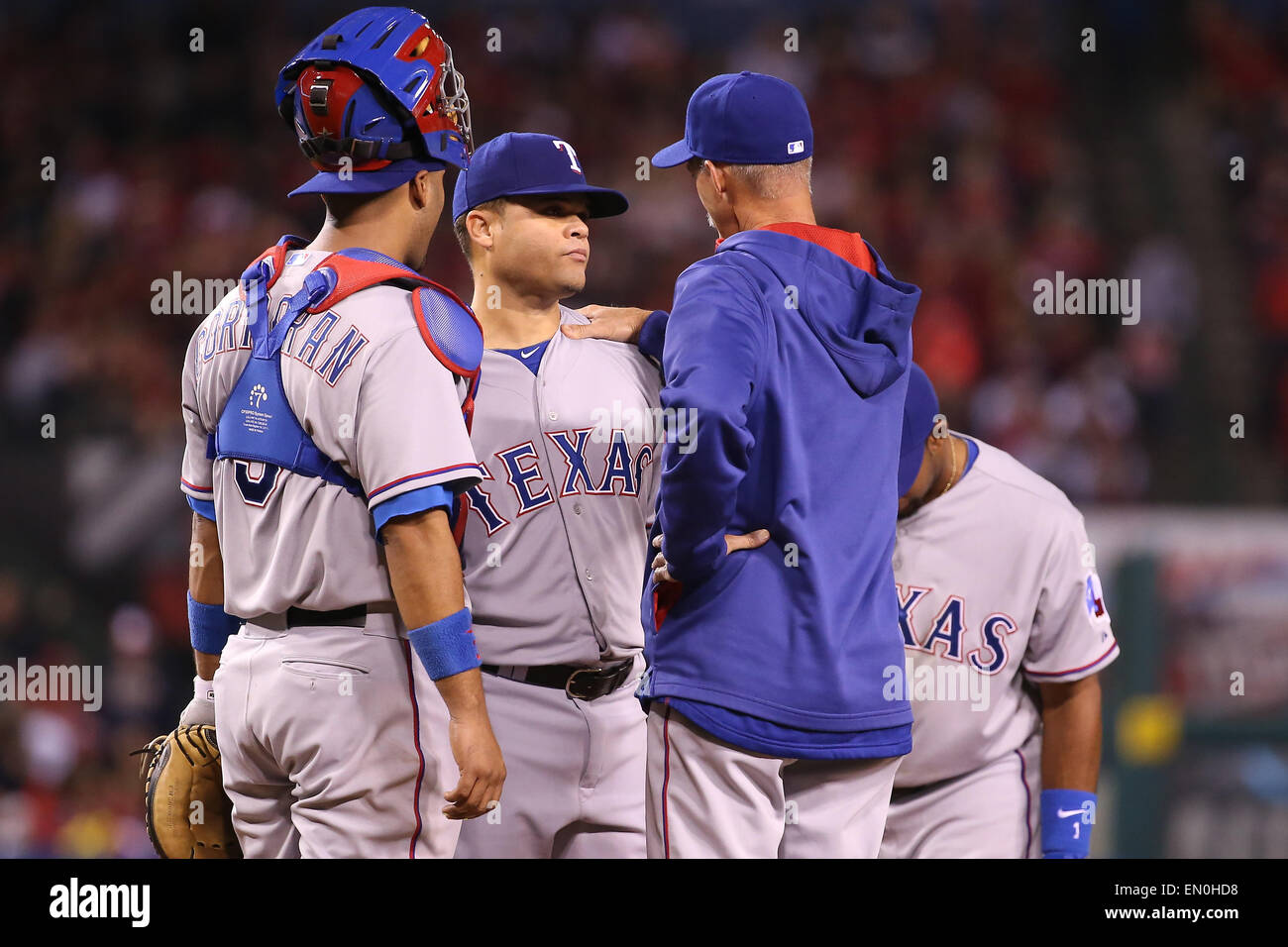 April 24, 2015: Texas Ranger Wandy Rodriguez #0 gets an encouraging ...