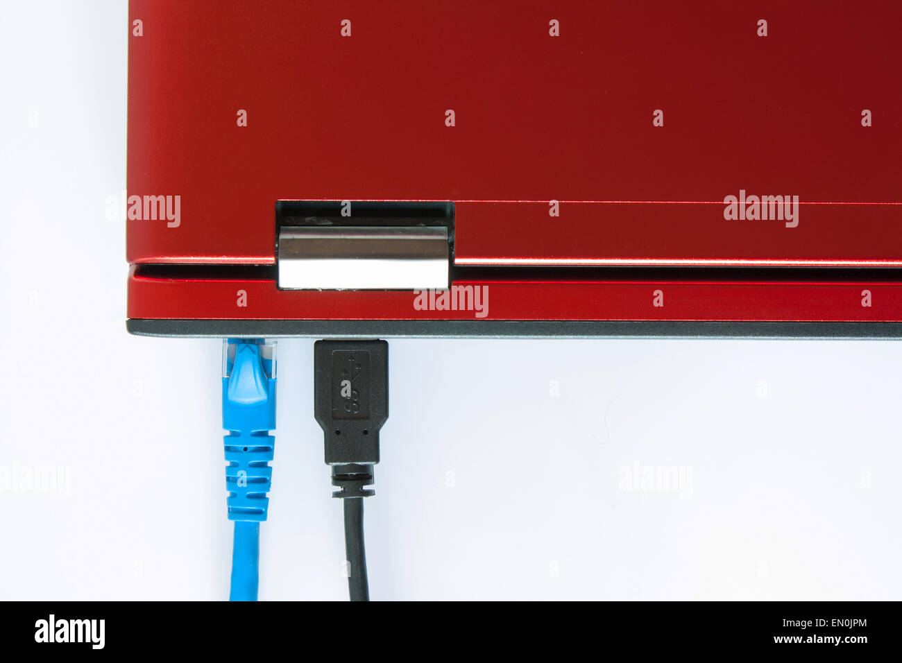 USB cable and Lan cable are connecting to laptop computer Stock Photo ...
