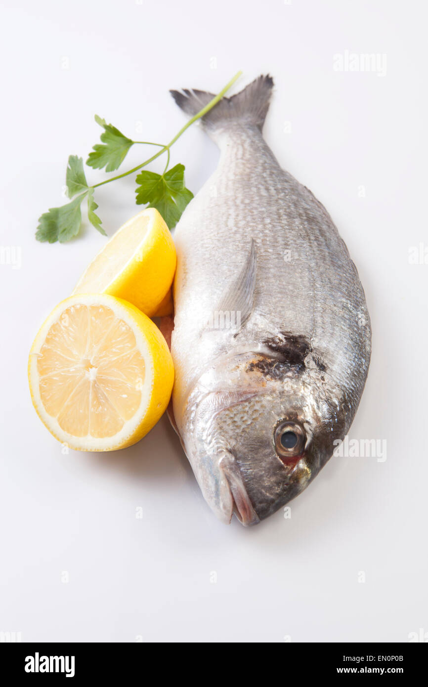 Raw sea bream fish with some ingredients. Isolated over white ...