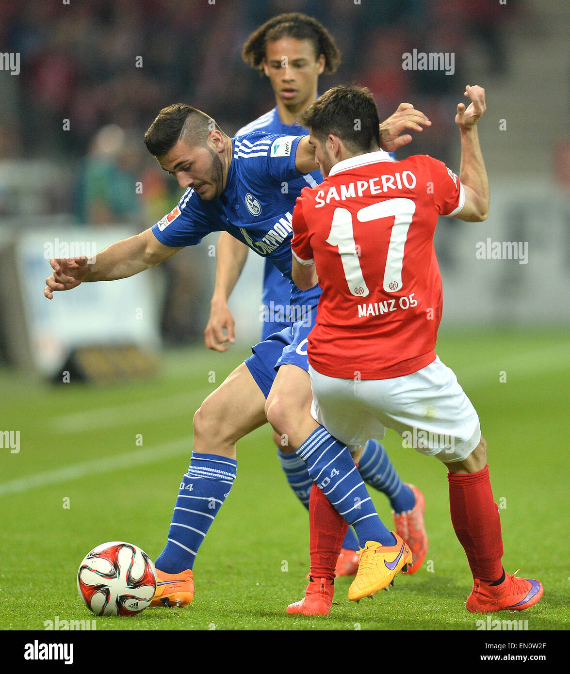 Mainz, Germany. 24th Apr, 2015. Jairo Samperio of Mainz (R) and Schalke ...