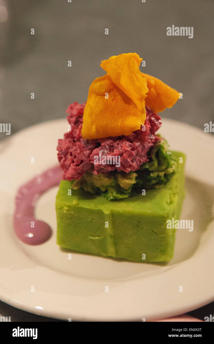 Ceviche Peruvian restaurant in Soho,London: Causa Santa Rosa dish Stock ...