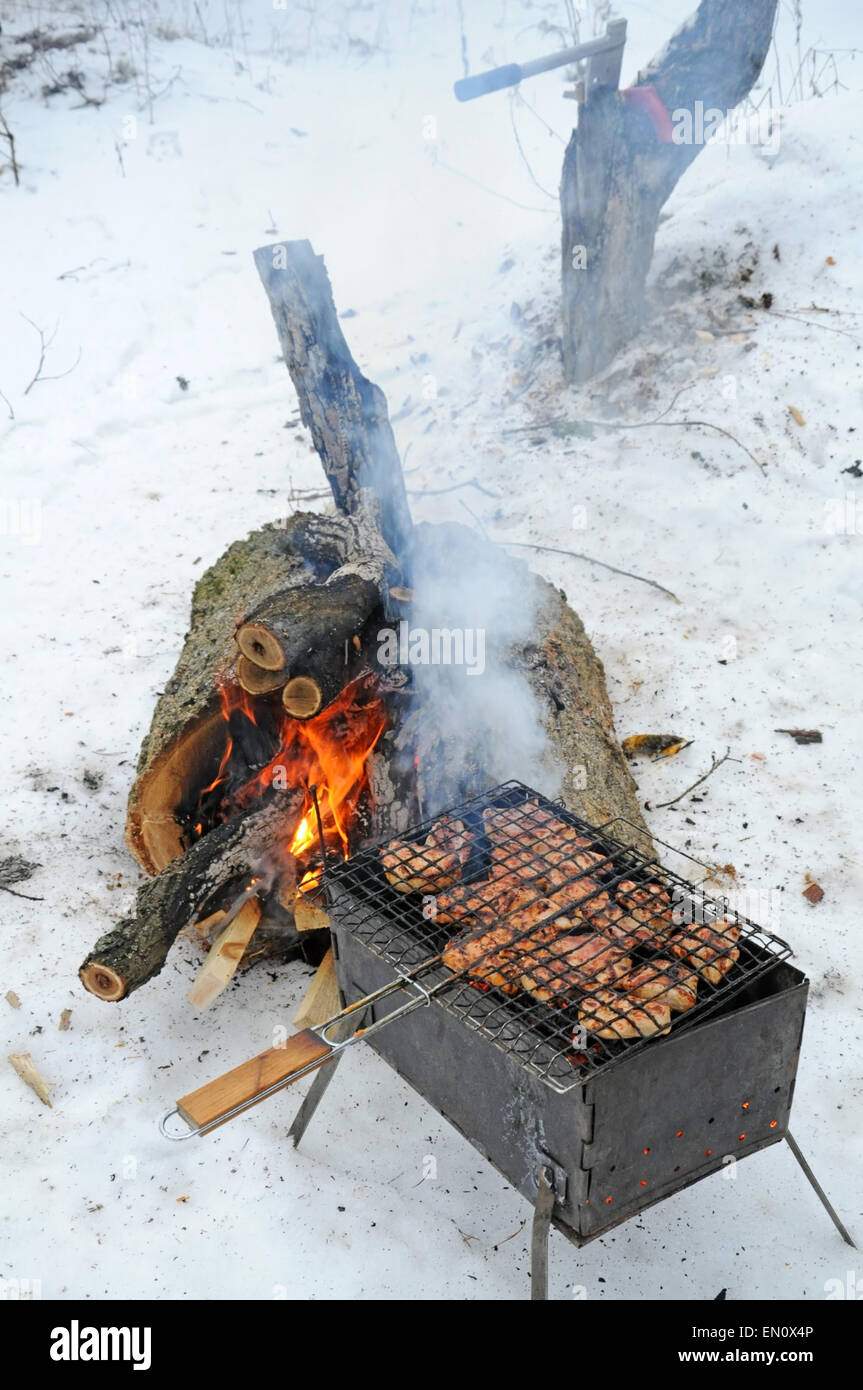 Barbecue and bonfire in winter forest Stock Photo - Alamy