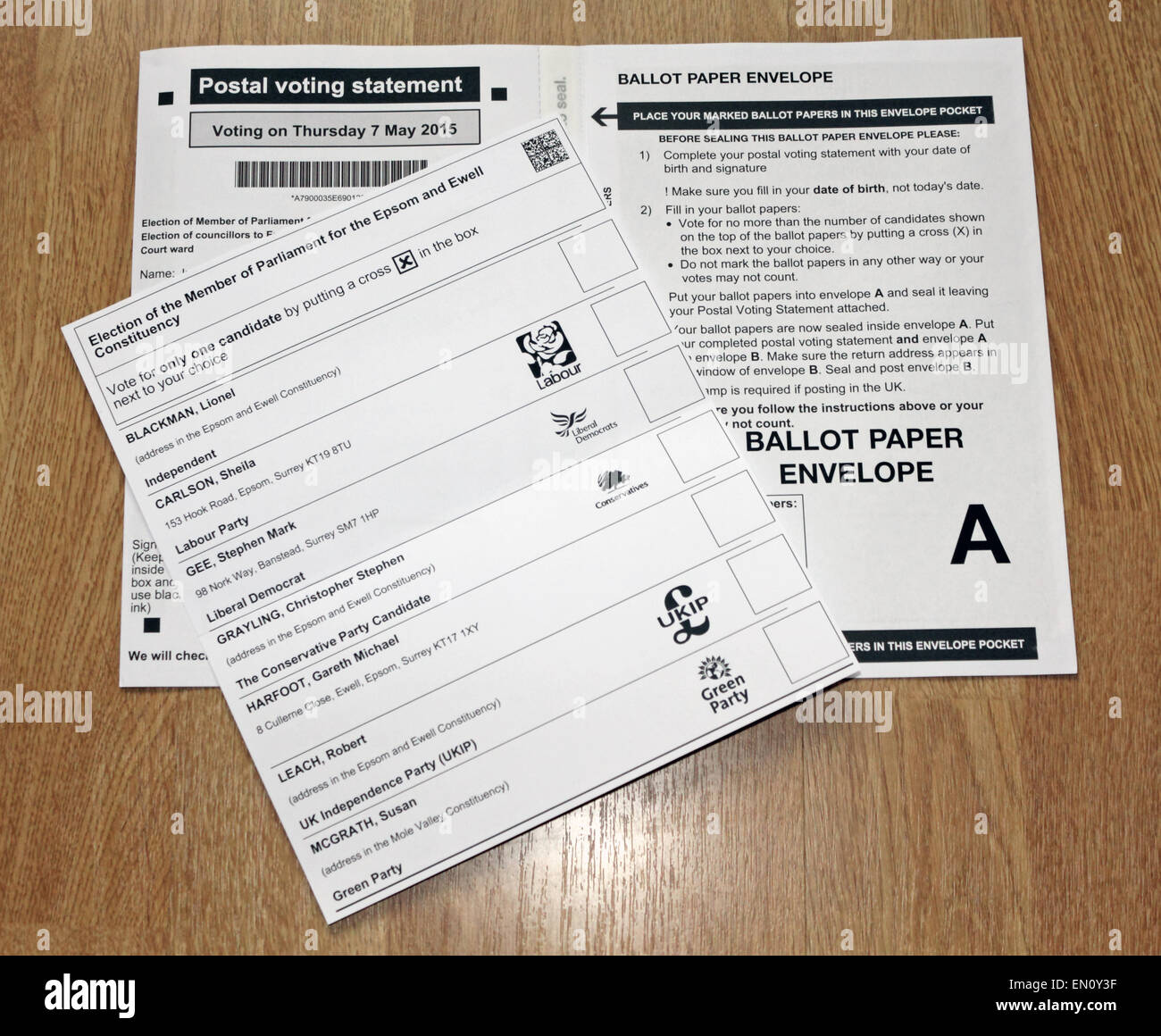 Epsom Surrey England UK. 25th April 2015. Postal ballot papers arrive ...