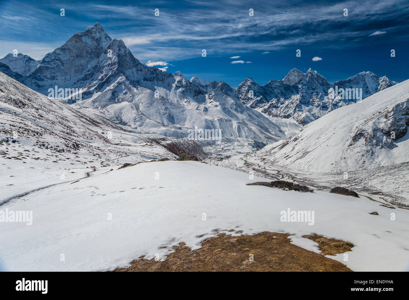 Beautiful view of Ama Dablam and Kanthega peaks, with Periche village ...