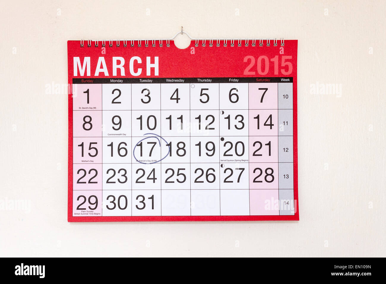 Monthly wall calendar March 2015, St Patrick's Day circled Stock Photo ...