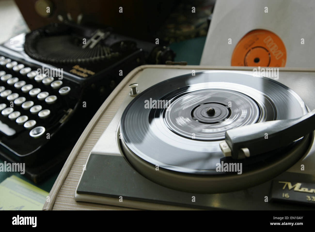 York, UK, 25 April 2015. A classic 45rpm vinyl single spins on a ...