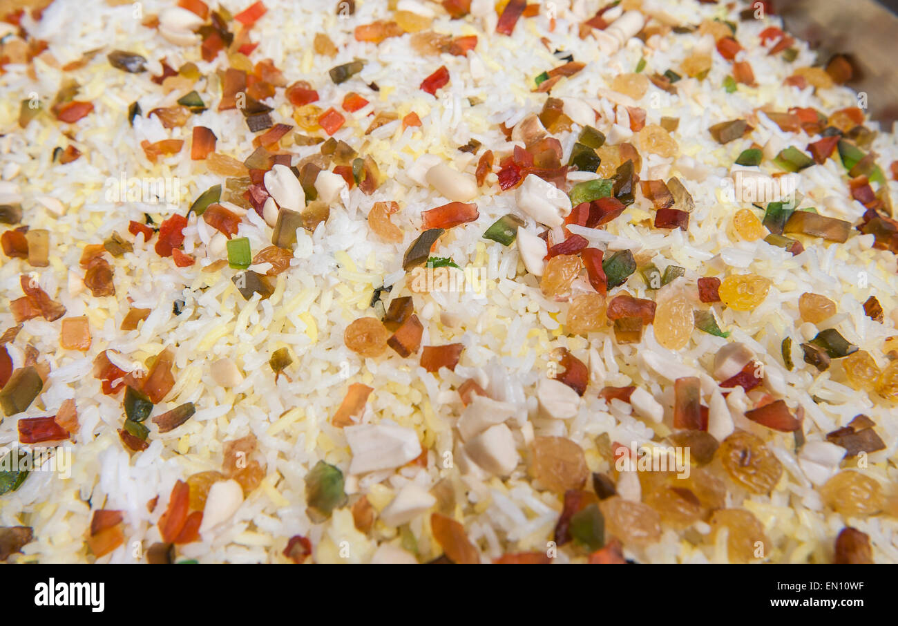 Closeup detail of kashmiri pilau rice on display at an indian ...