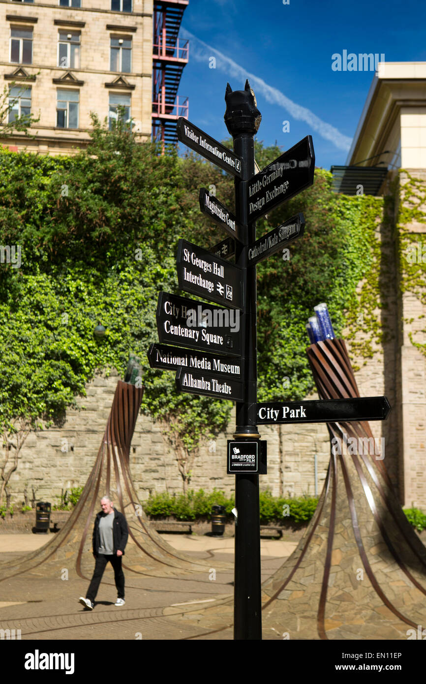 UK, England, Yorkshire, Bradford, Forster Square, tourist signpost at ...