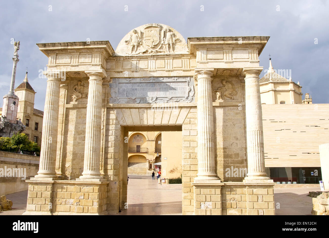 Gate on famous Roman bridge over the Guadalquivir river in Cordoba ...