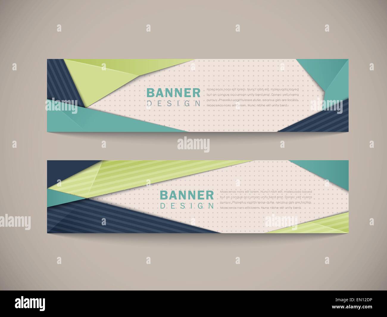 trendy banner set design with origami style elements in blue and green ...