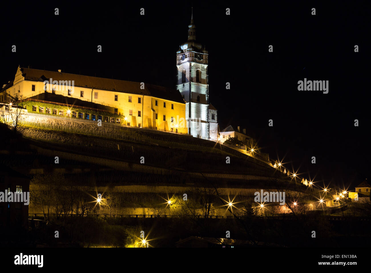 Melnik castle at night, illuminated with street lamps Stock Photo - Alamy