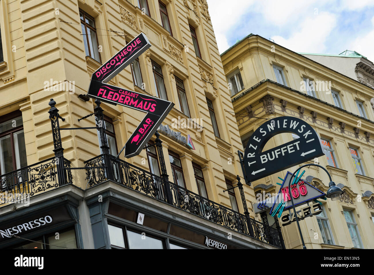 Entertainment signs on the exterior wall of a building in Vienna ...