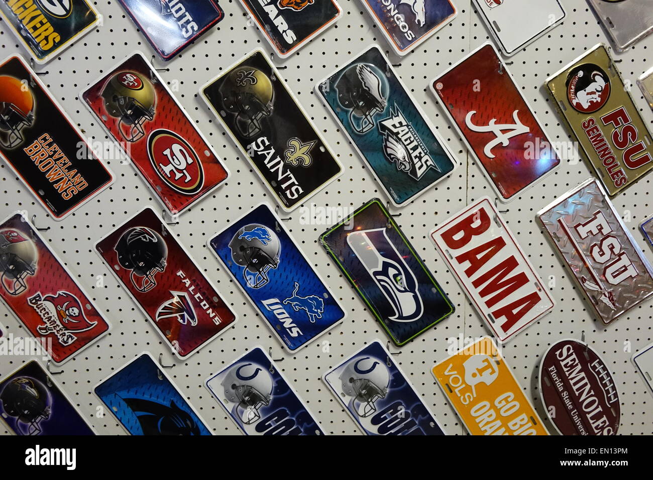 Display of football license plates at a flea market Stock Photo - Alamy