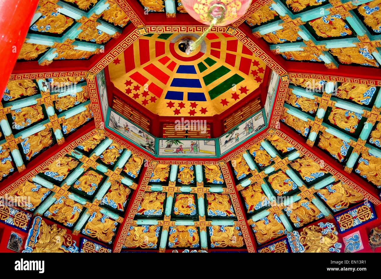Bangkok, Thailand: Ornate ceiling with hand-painted panels and hundreds ...