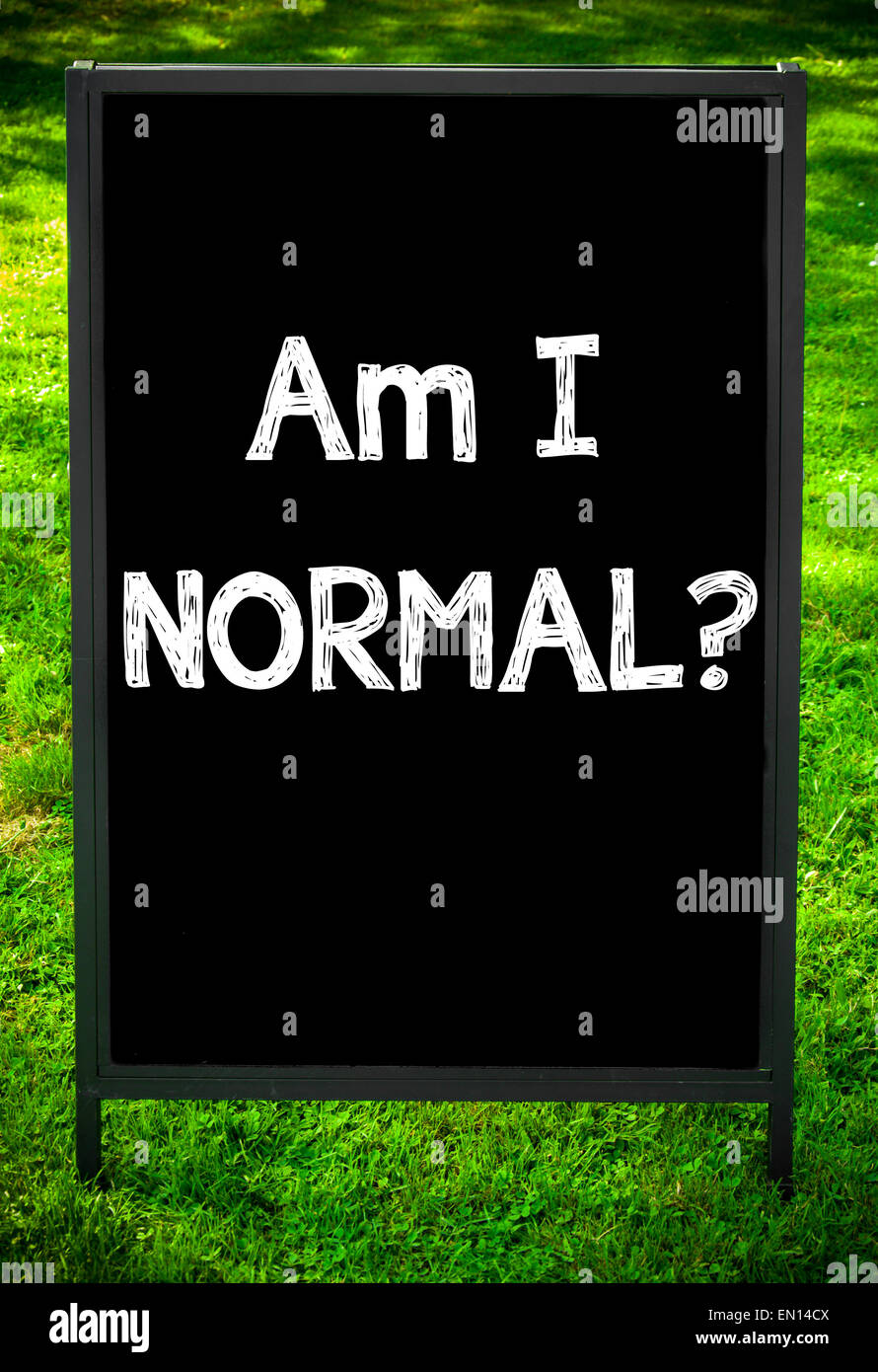 AM I NORMAL? message on sidewalk blackboard sign against green grass ...
