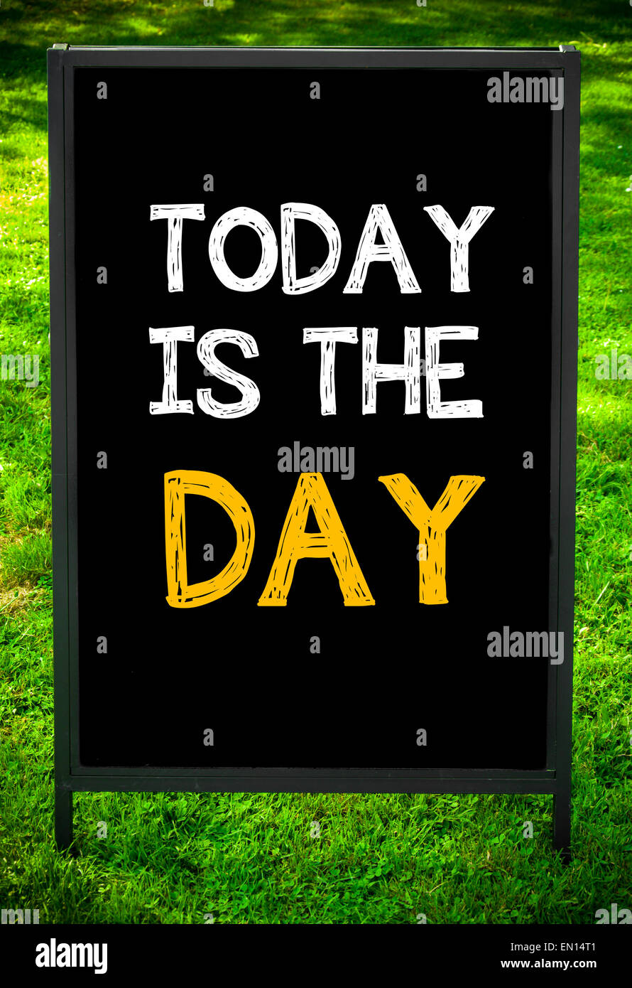 TODAY IS THE DAY message on sidewalk blackboard sign against green ...