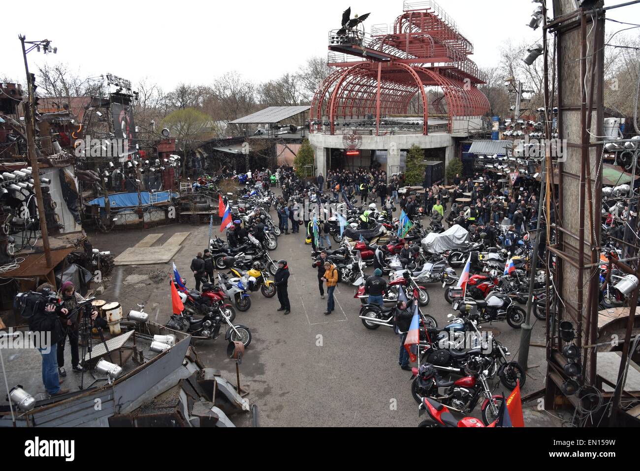 Bikers gather on the compound of the 'Night Wolves' biker club, before ...