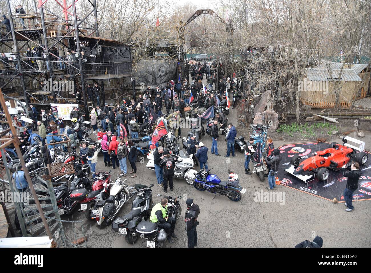 Bikers gather on the compound of the 'Night Wolves' biker club, before ...