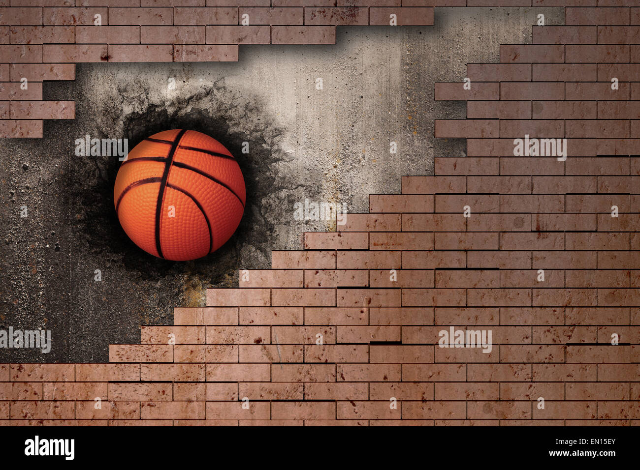 3d rendering of a basket ball embedded in a brick wall Stock Photo - Alamy