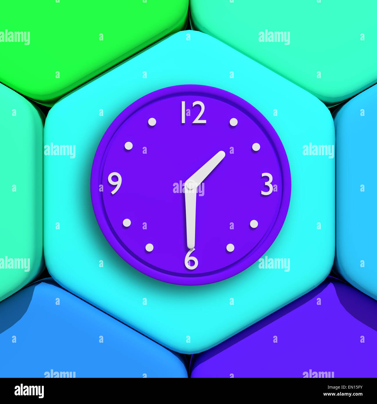 3d rendering of a colored clock on an hexagons wall Stock Photo - Alamy