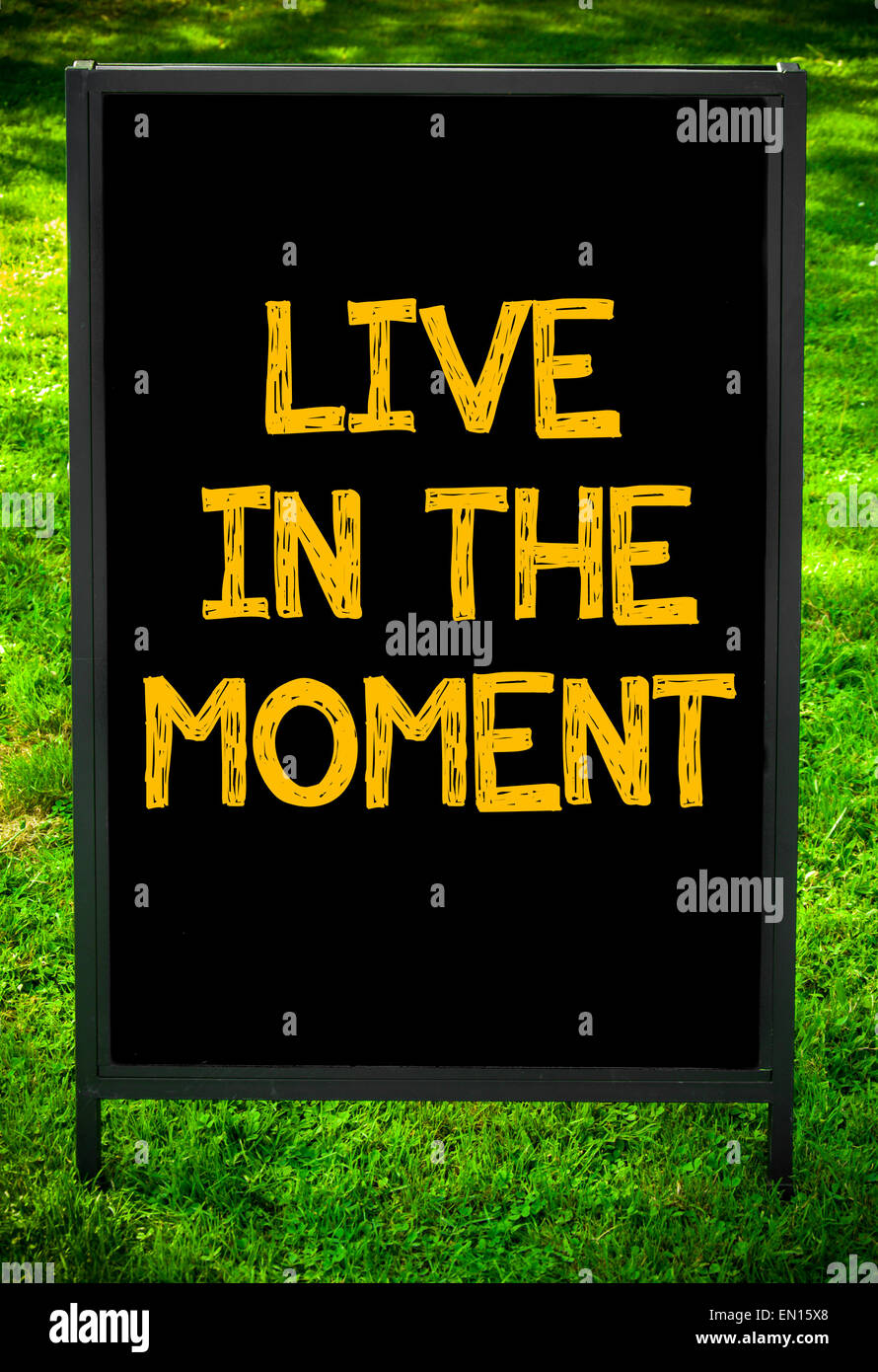 LIVE IN THE MOMENT message on sidewalk blackboard sign against green ...