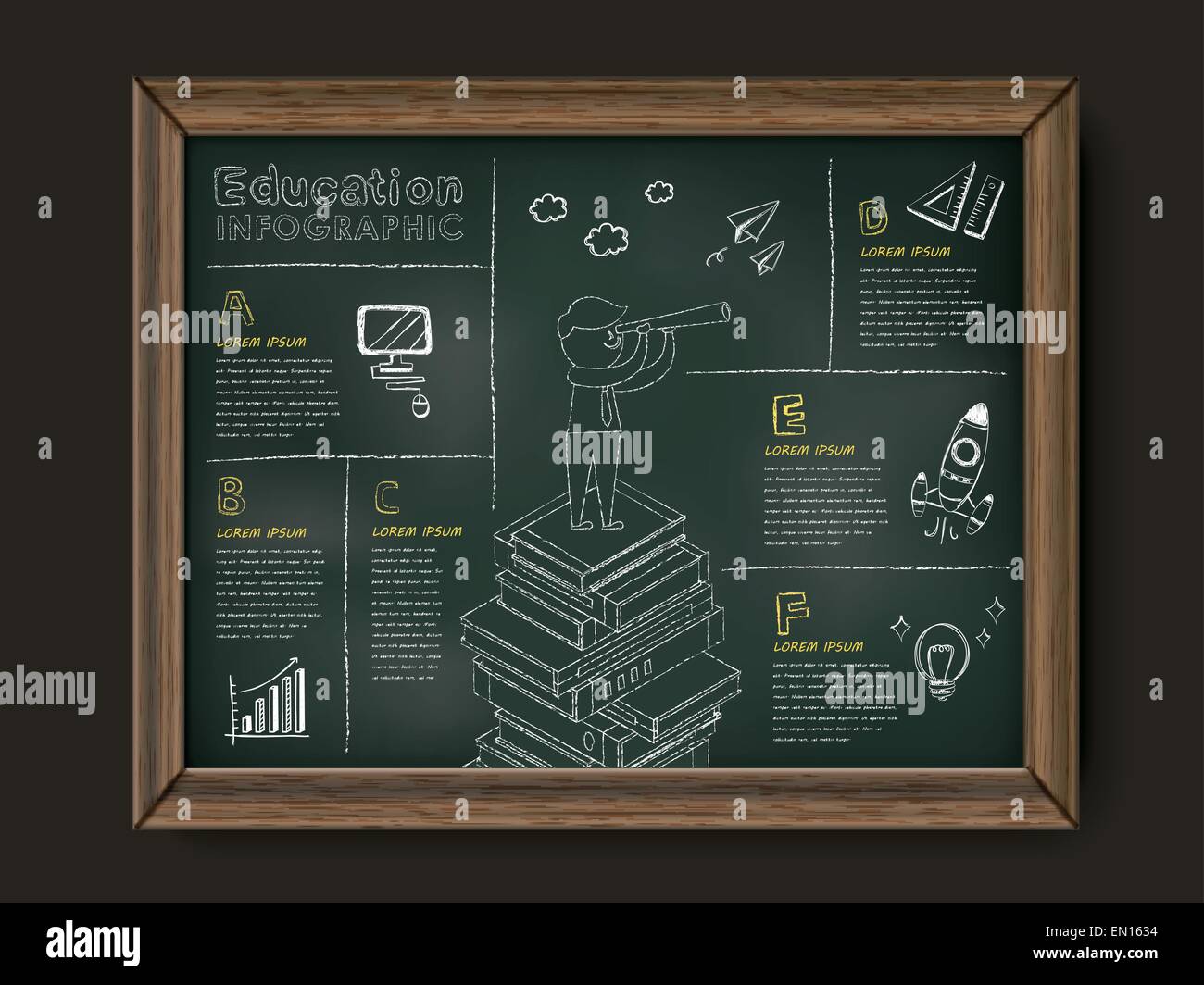 lovely education infographics wooden framed blackboard with a man ...