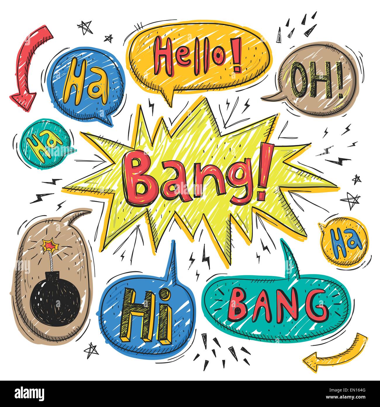 set of colorful comic bubbles elements with useful sound effects Stock ...