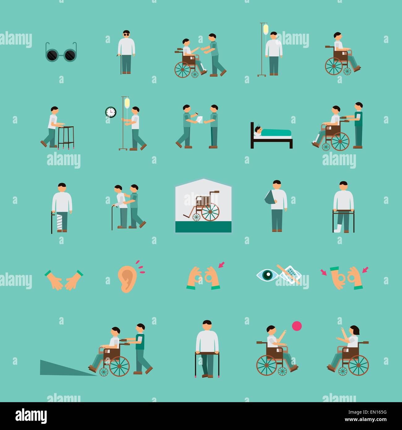 disabled people care help flat icons set over turquoise background ...