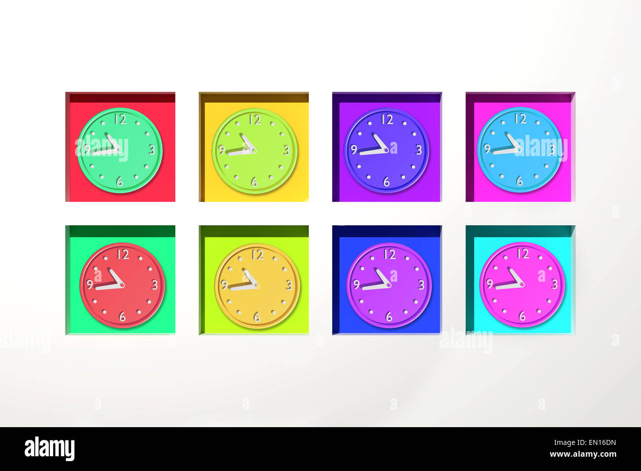 3d rendering of a composition with a lot of colored clocks Stock Photo ...