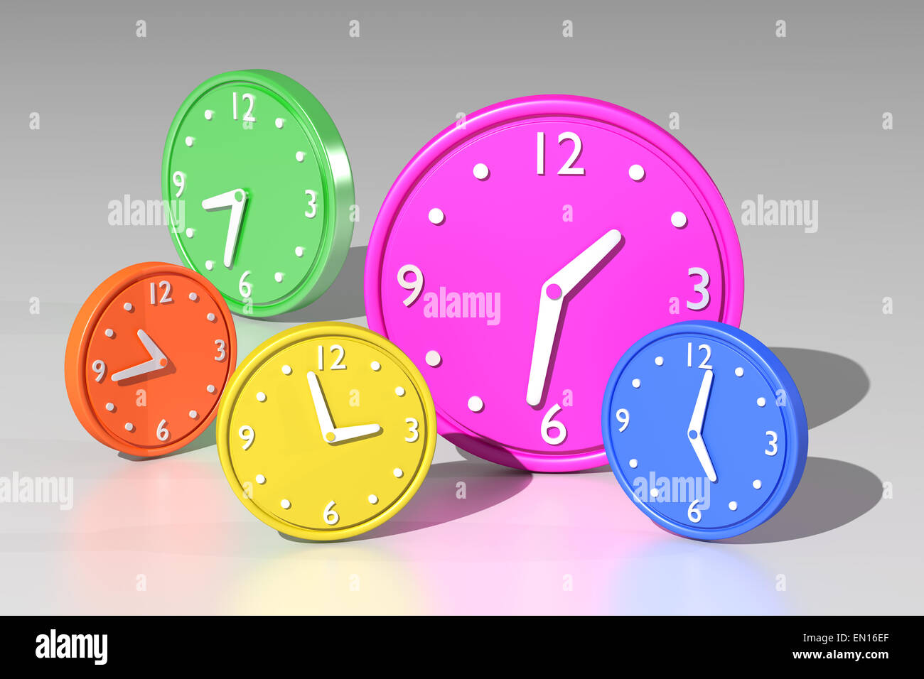 3d rendering of a composition with a lot of colored clocks Stock Photo ...
