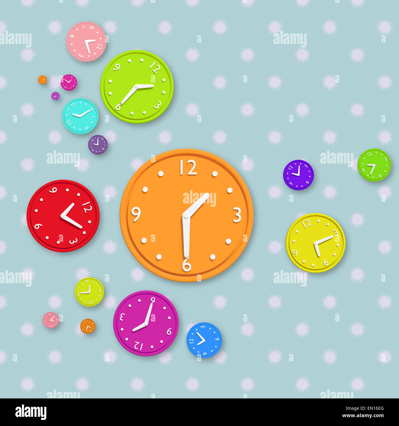 3d rendering of a composition with a lot of colored clocks Stock Photo ...