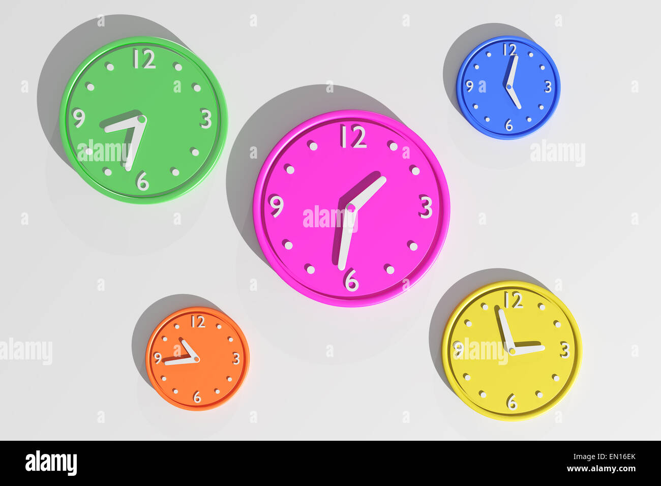 3d rendering of a composition with a lot of colored clocks Stock Photo ...