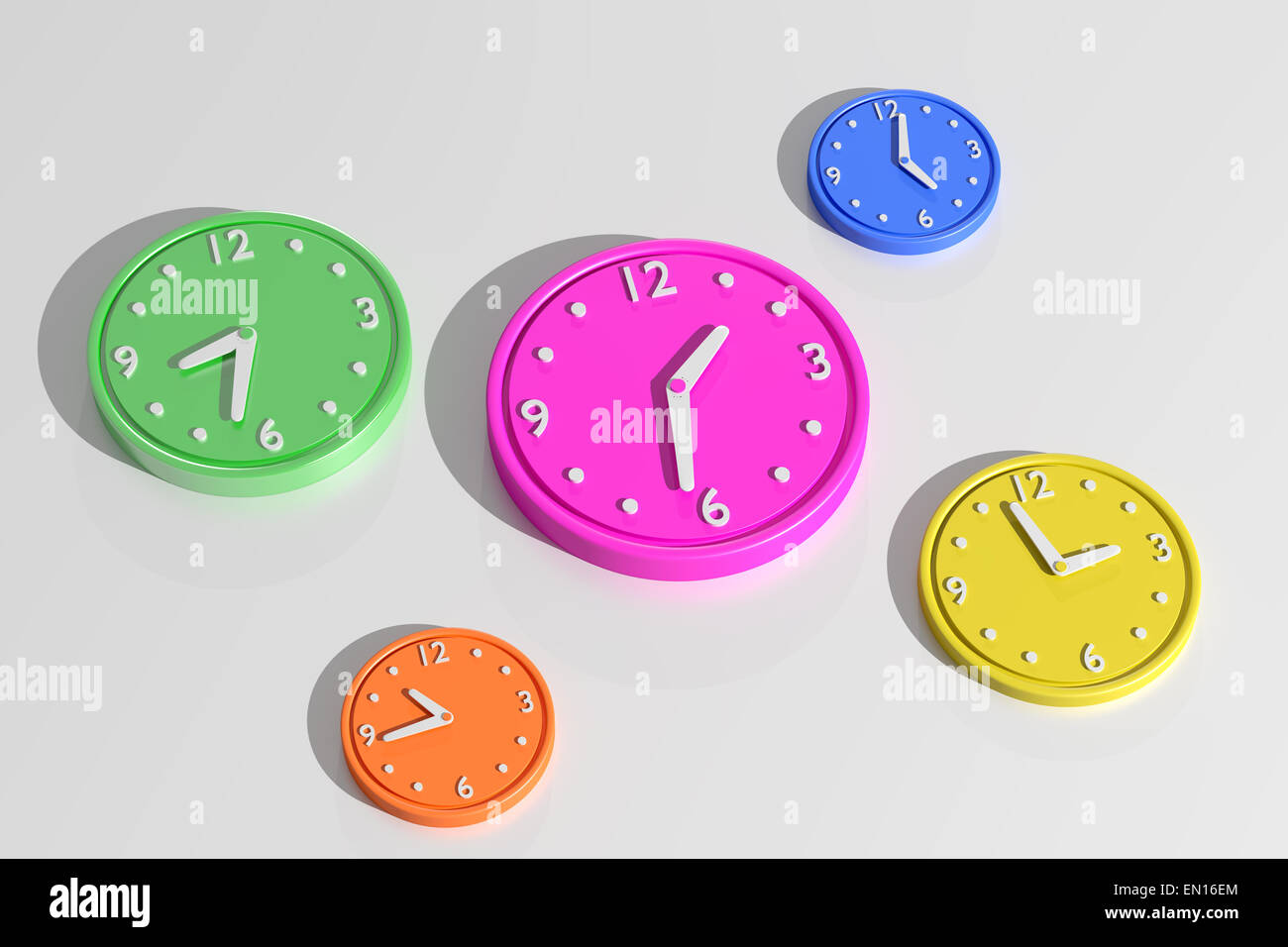 3d rendering of a composition with a lot of colored clocks Stock Photo ...