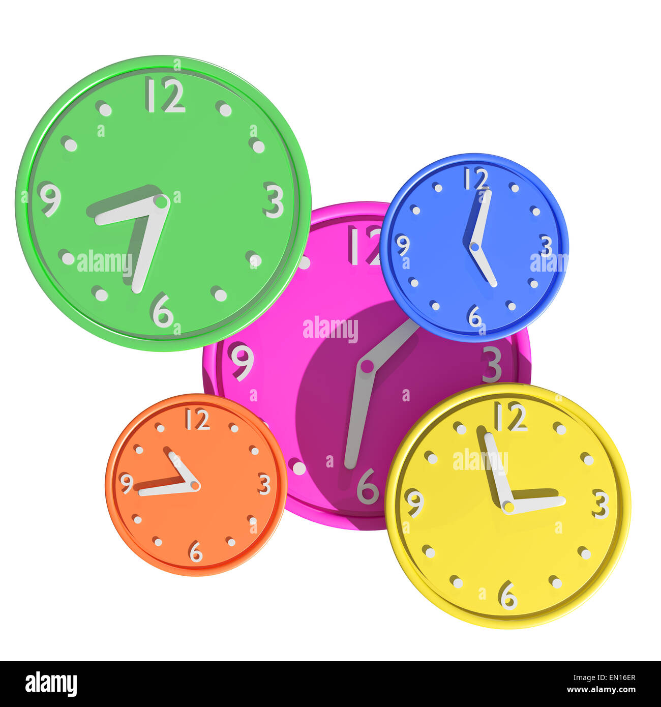 3d rendering of a composition with a lot of colored clocks Stock Photo ...