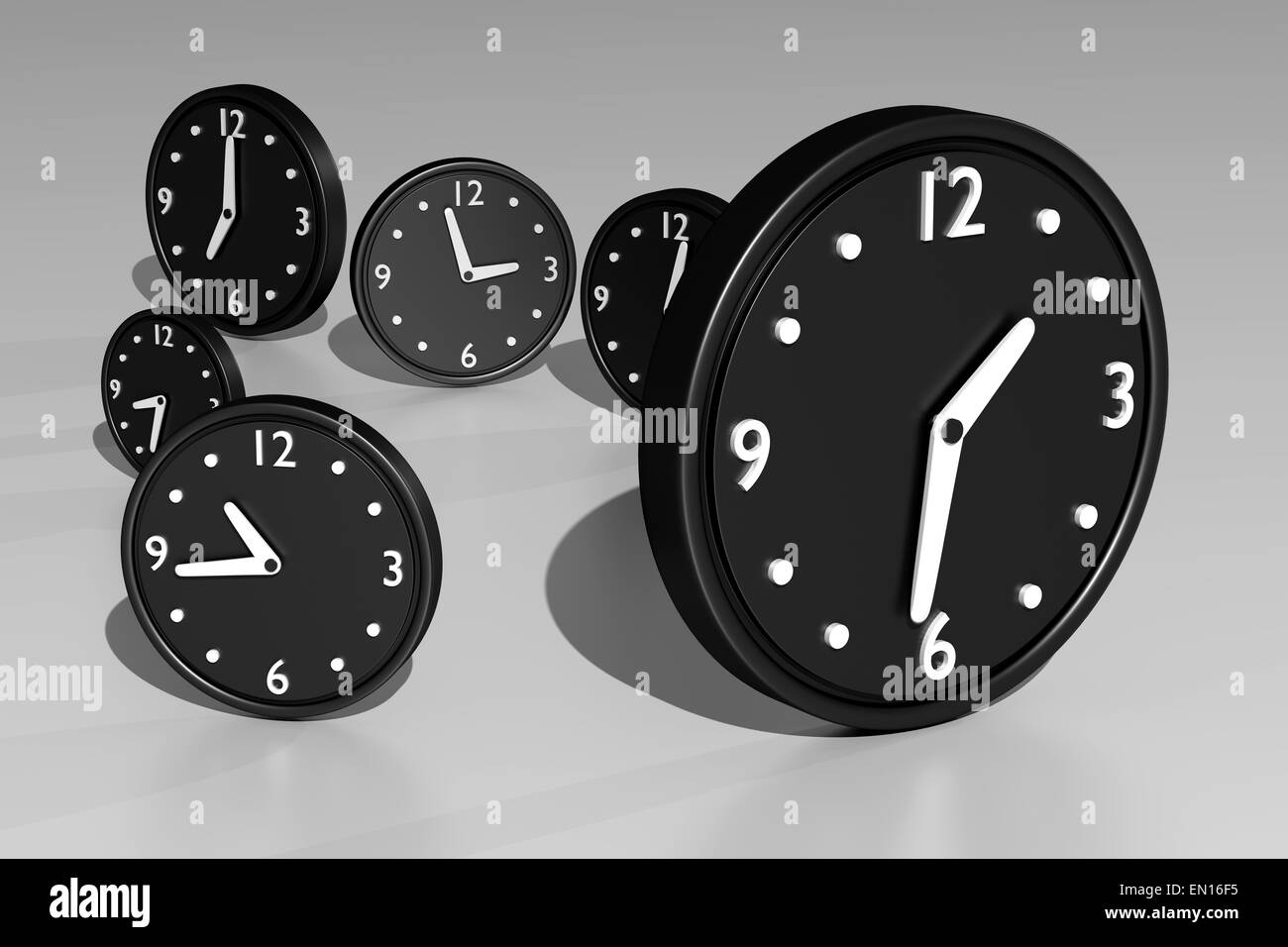 3d rendering of a composition with a lot of black clocks Stock Photo ...