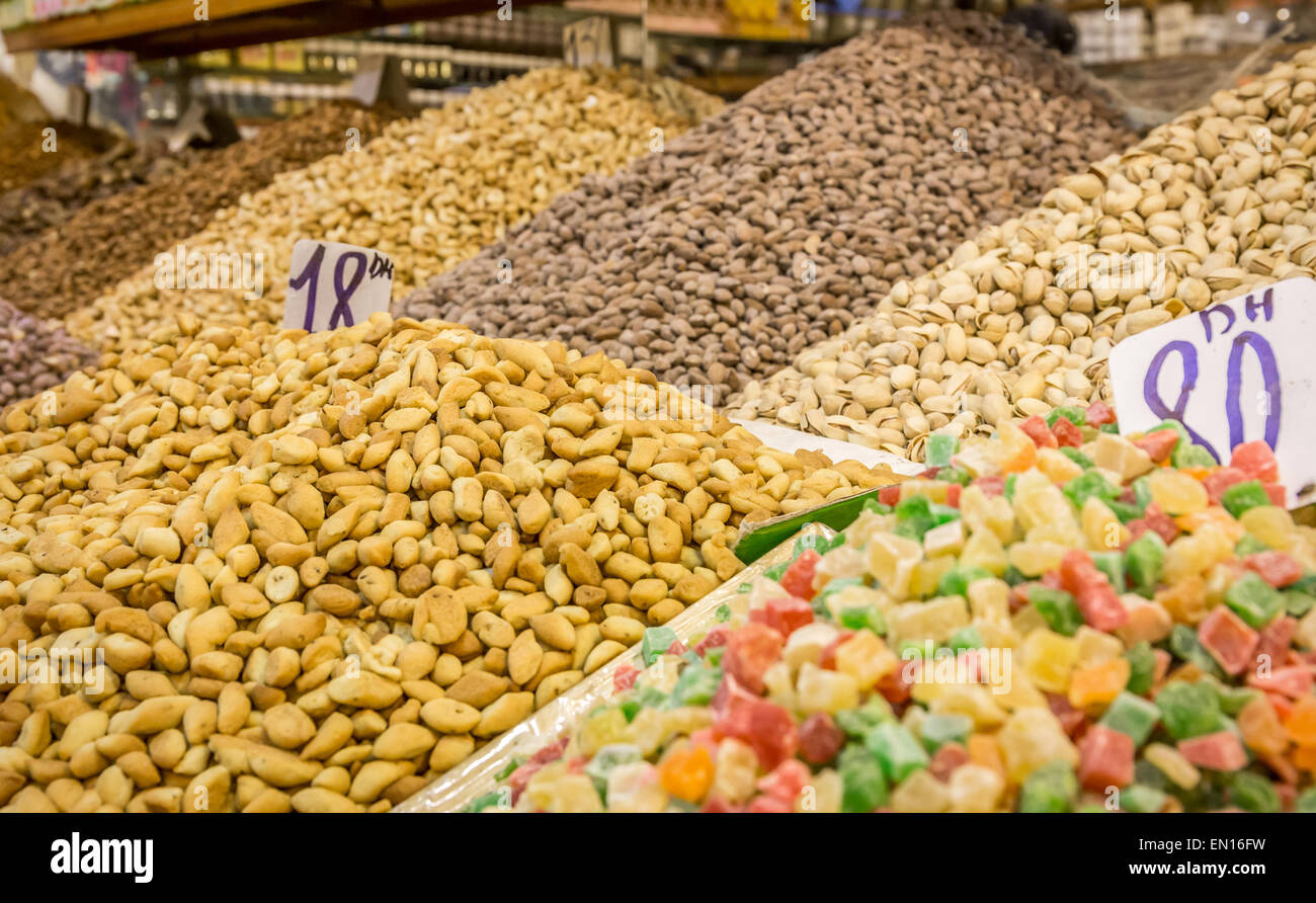 Assortment of nuts: paenuts, almonds and pistachio at moroccan market ...