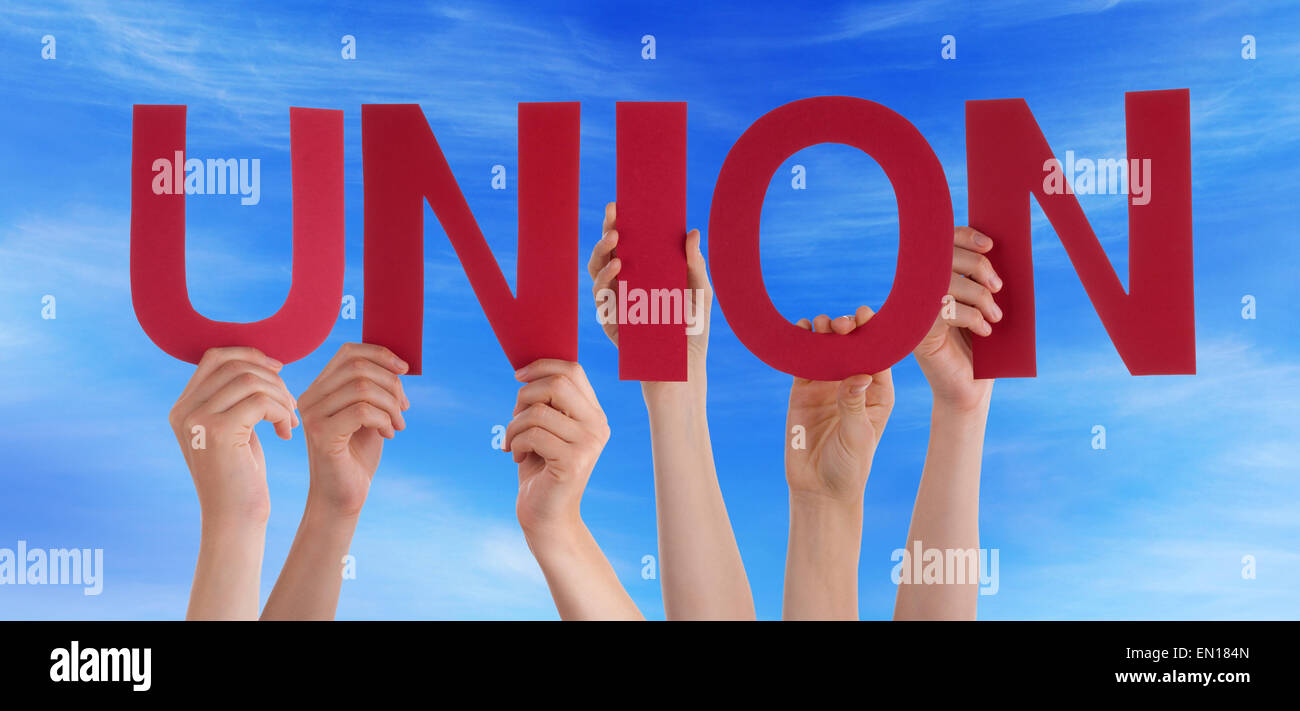 Many Caucasian People And Hands Holding Red Straight Letters Or ...