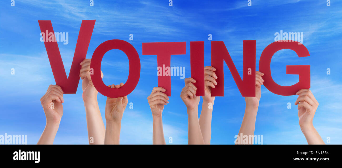 Many Caucasian People And Hands Holding Red Straight Letters Or ...