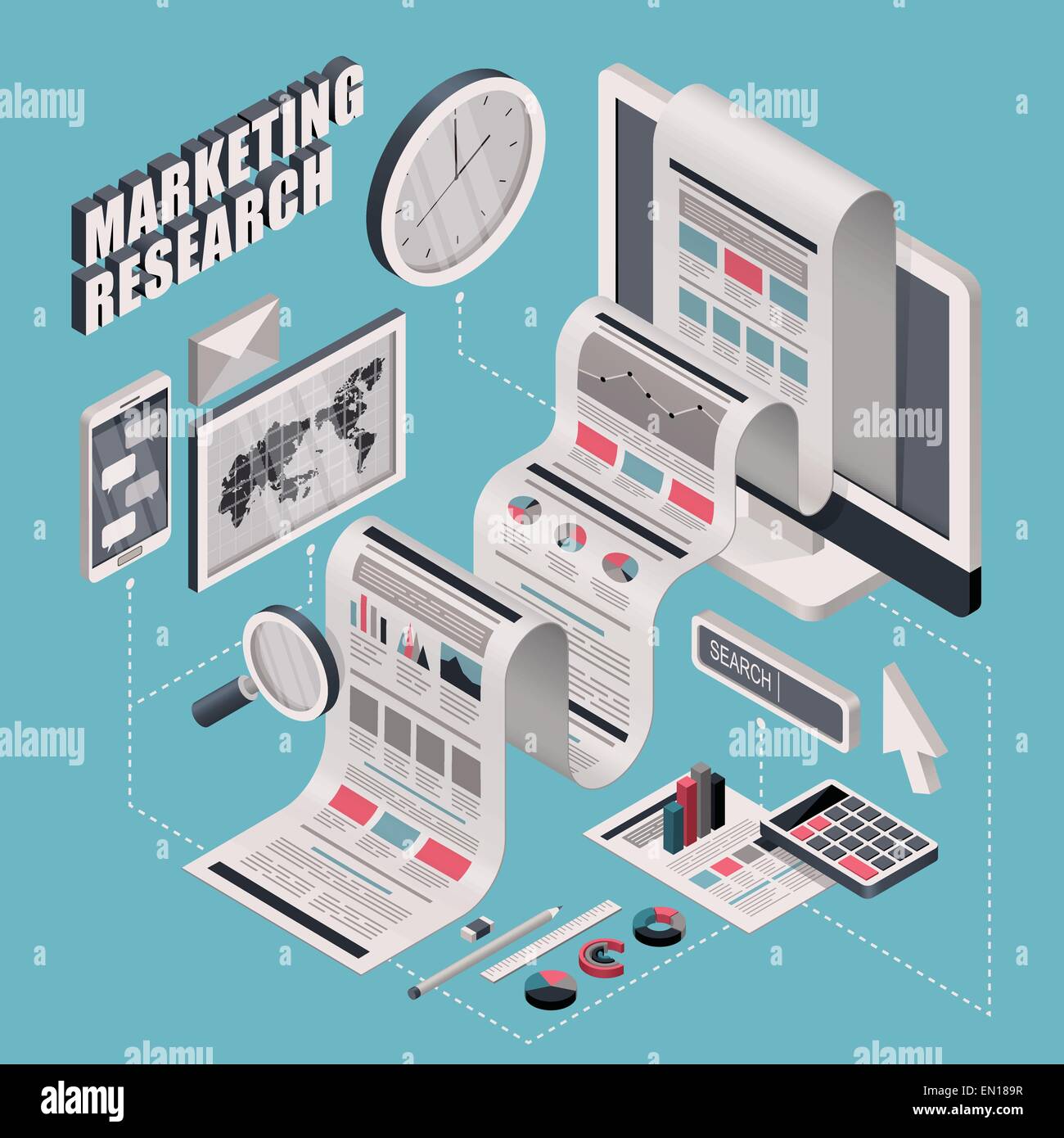 flat 3d isometric marketing research illustration over blue background ...