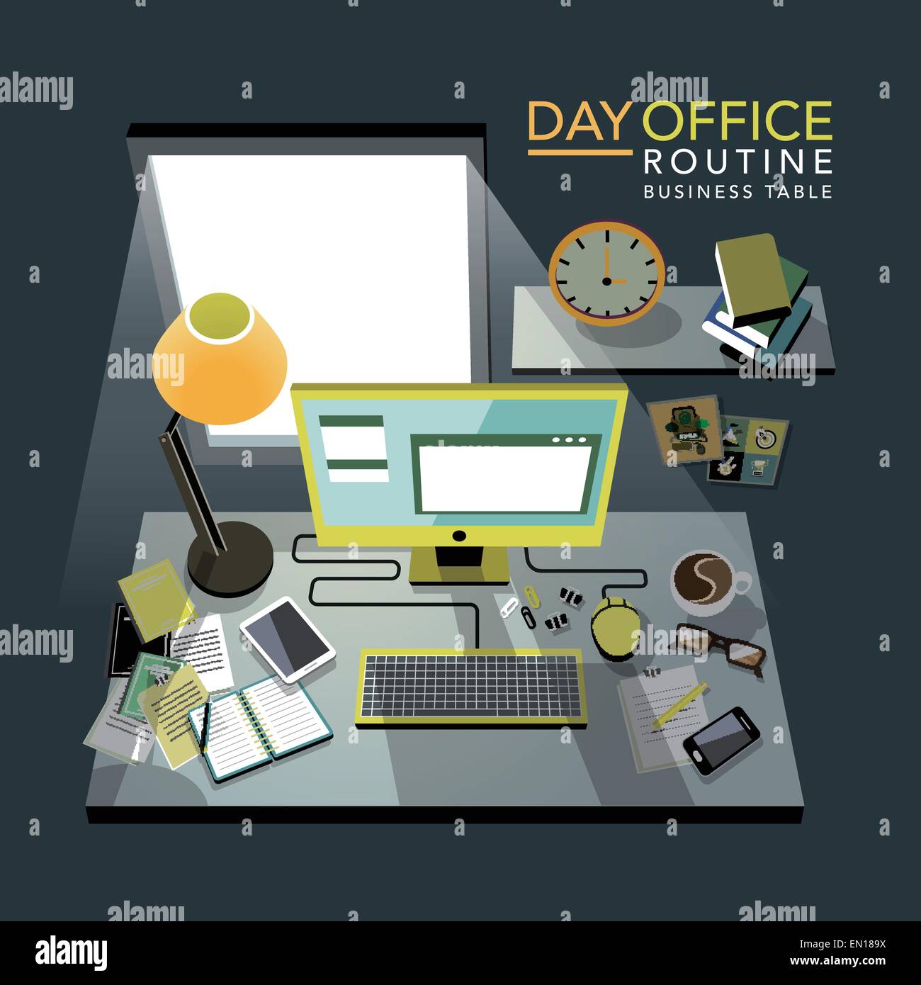 flat 3d isometric office routine illustration over dark background ...