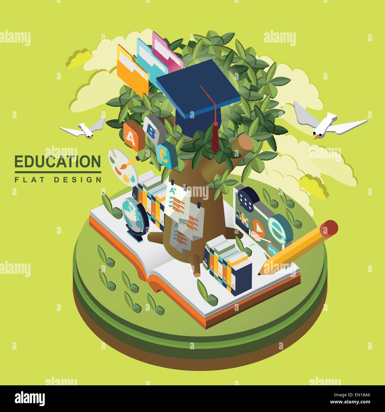 flat 3d isometric education concept illustration over green background ...