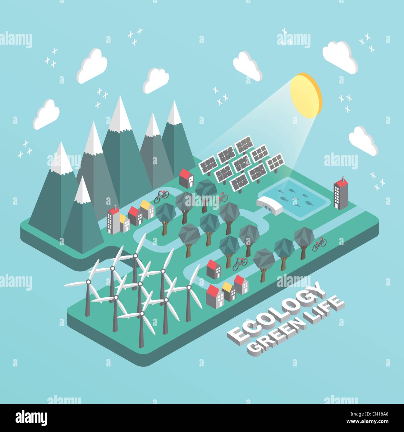 flat 3d isometric ecology green life concept illustration over blue ...