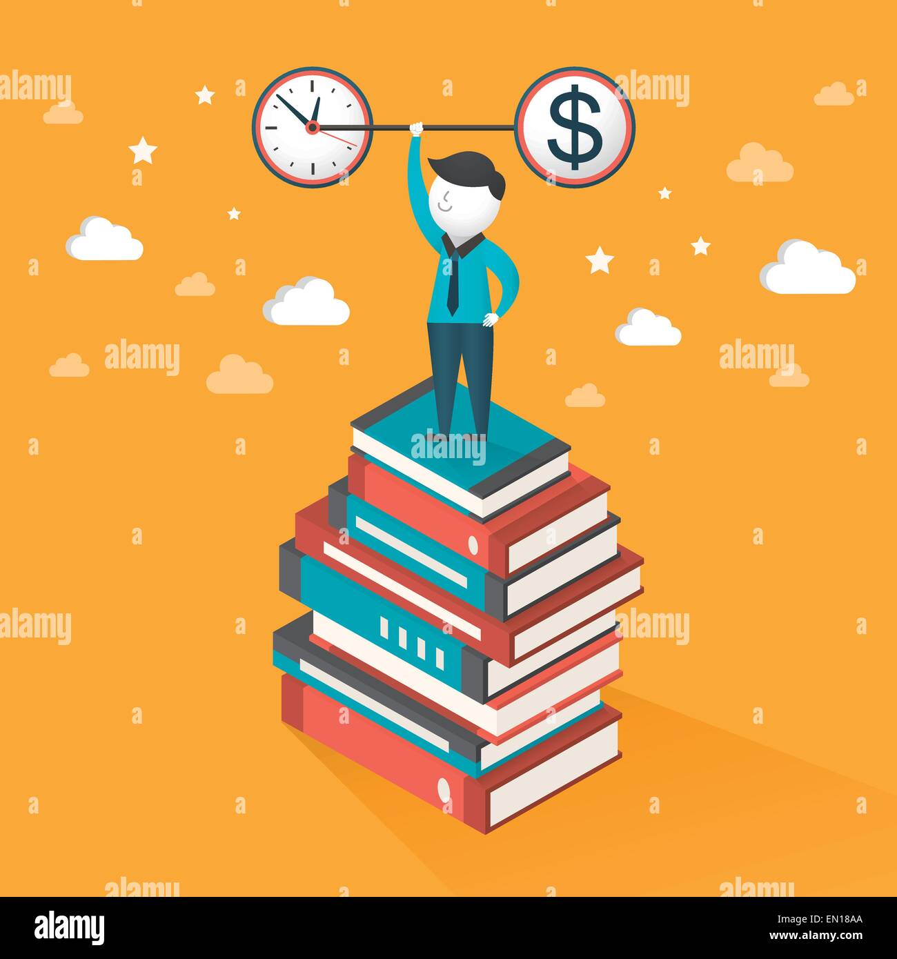 flat 3d isometric illustration concept of time and money over yellow ...