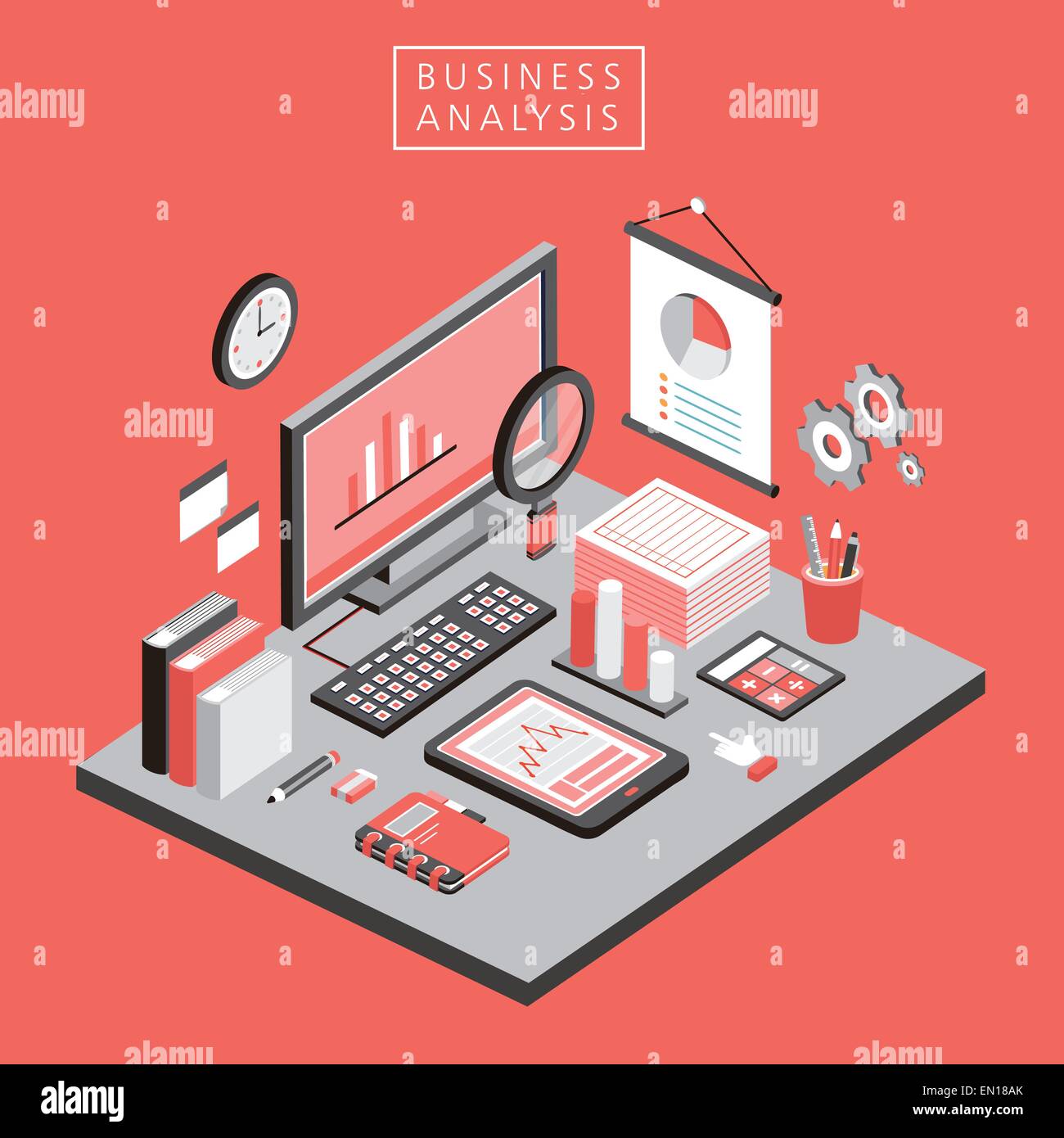 flat 3d isometric business analysis illustration over orange background ...