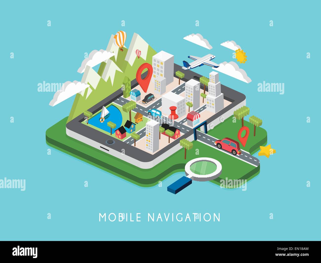 flat 3d isometric mobile navigation illustration over blue background Stock Vector Image & Art ...